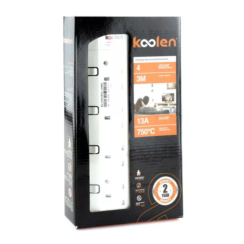 Koolin Electrical Socket, 4 Plugs, 3 Meter, White - Electranest